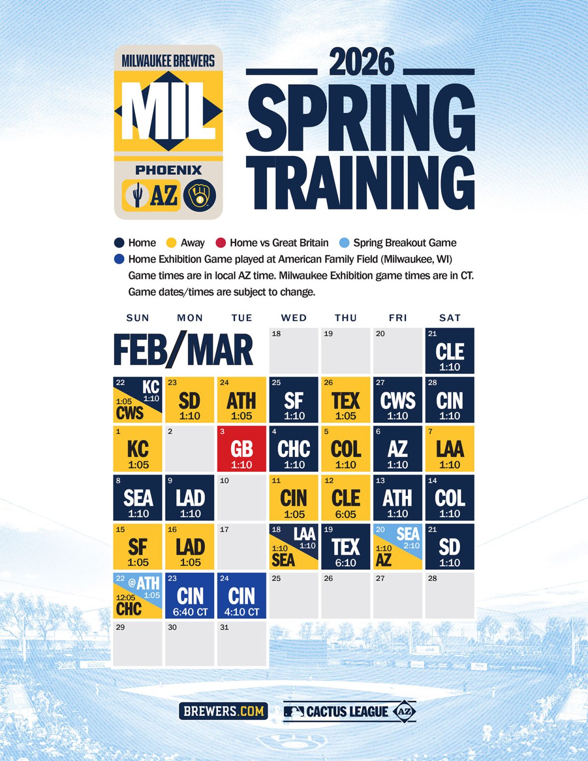 Brewers announce all 2026 Spring Training and regular season game times ...